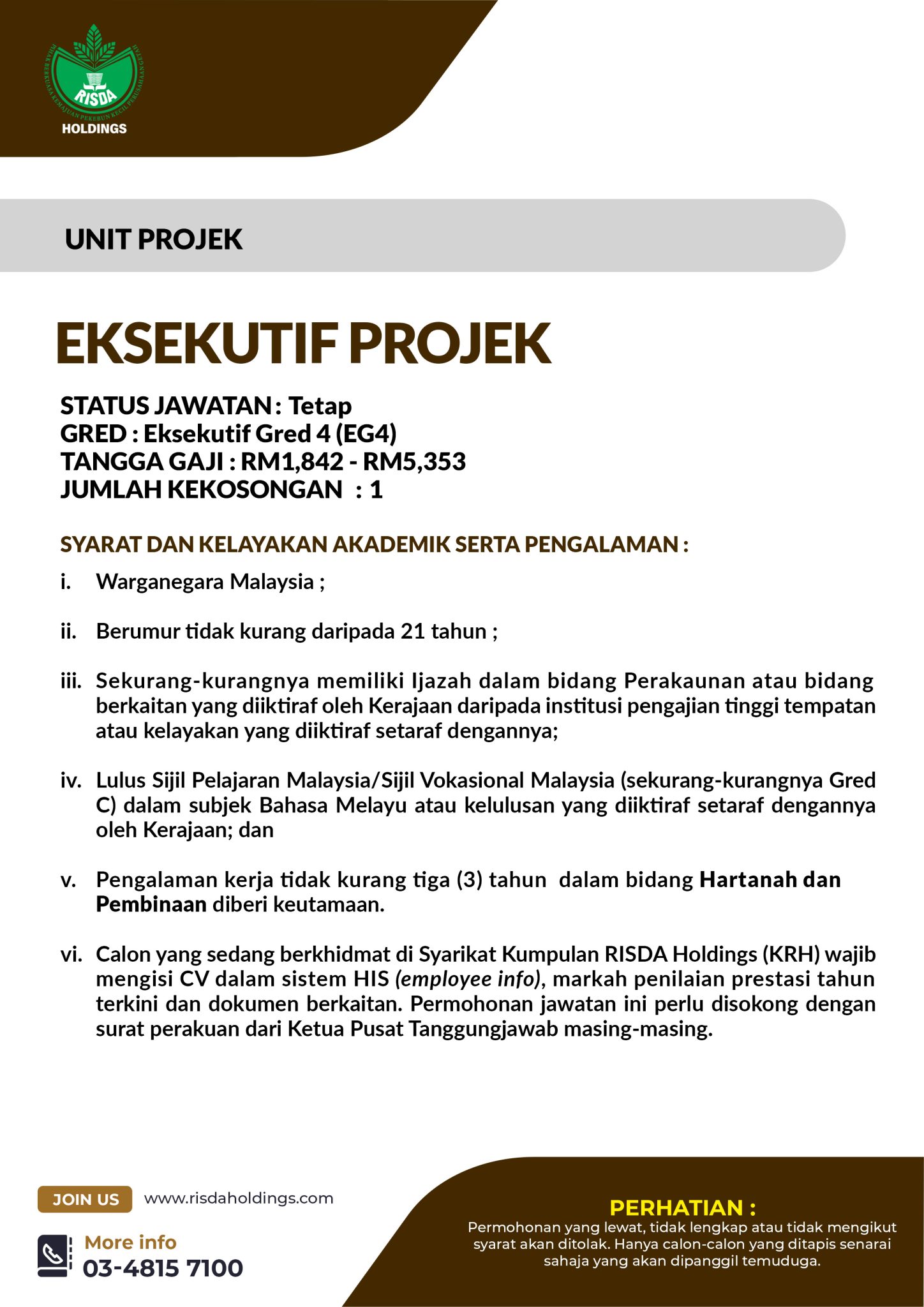 Eksekutif Projek - RISDA Holdings Sdn Bhd (RHSB)